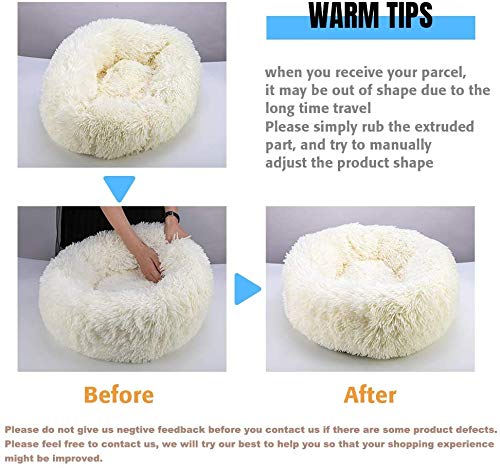 Calming Donut Bed - 23.6" Washable Fluffy Plush Dog Beds, Cozy Soft Anti Anxiety Cuddler, Indoor Pet Cushion with Waterproof Bottom for Small Medium Dogs and Cats