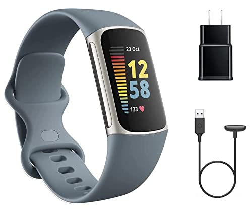 Fitbit Charge 5 Advanced Fitness Tracker with GPS, Heart Rate, Sleep & Health Tracker - Power Bundle with Adapter (Blue Stainless Steel)