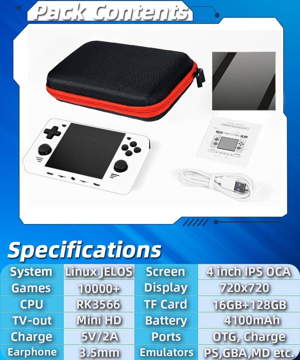 RGB30 Handheld Game Console 4 inch IPS Retro Hand-held Games Consoles Hand Held Video Game System Support Multiplayer WF BT RK3566 White