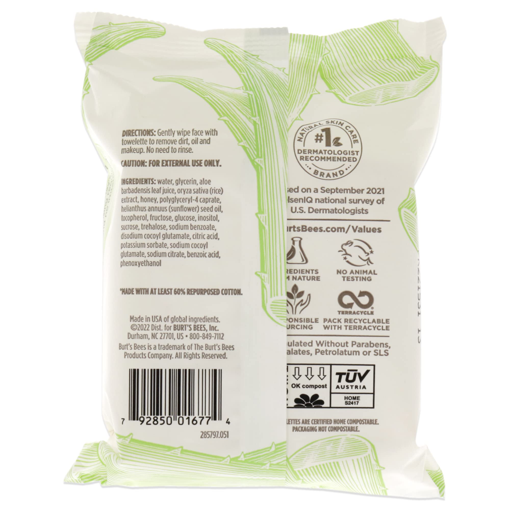 Burt's Bees Facial Cleansing Towelette Wipes for Sensitive Skin with Cotton Extract, 30 Count (Package May Vary)