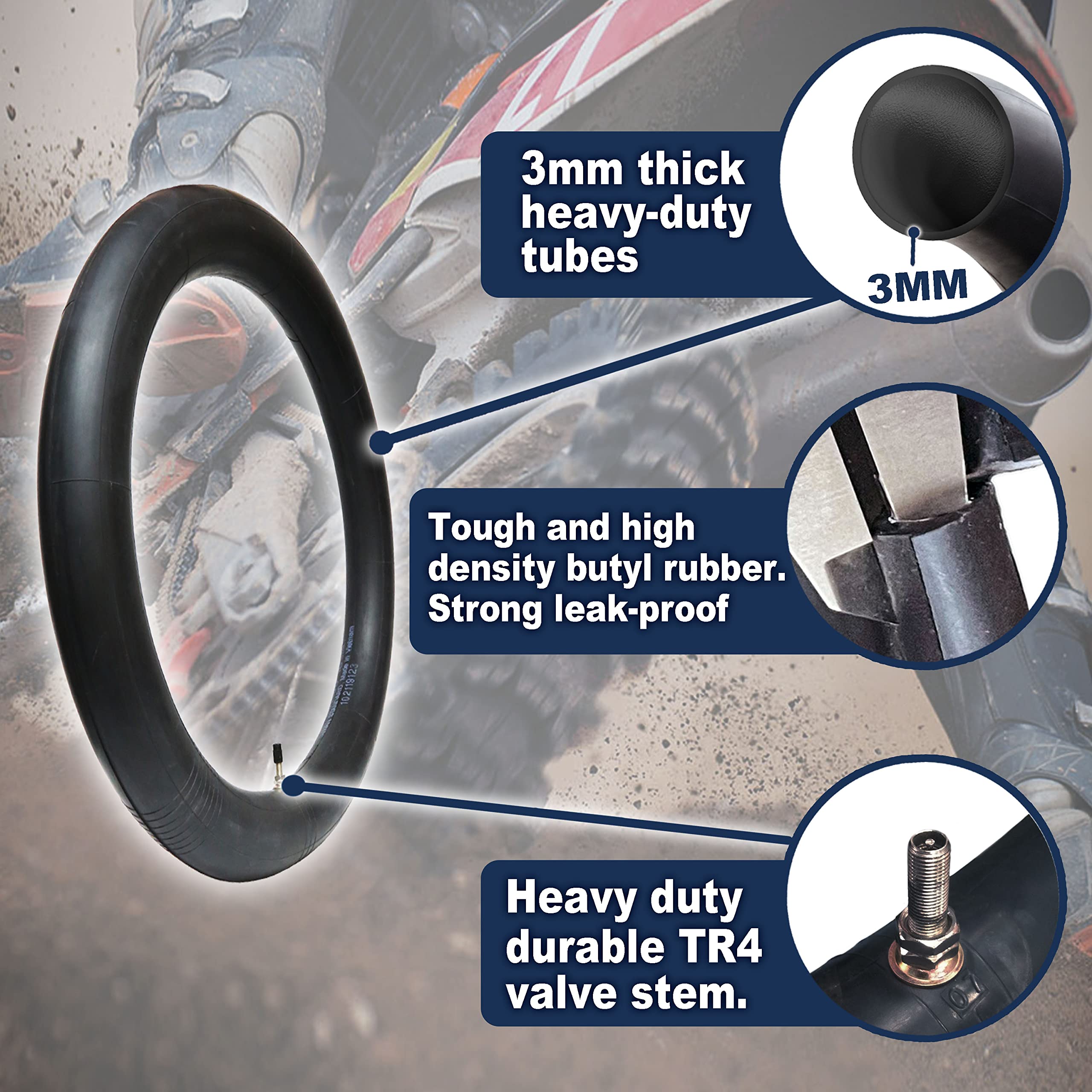 PIVOTRAX-90/90-21 or 80/100-21 (3.00 X 21) Heavy Duty Motorcycle Tube - 3mm Thick - TR4