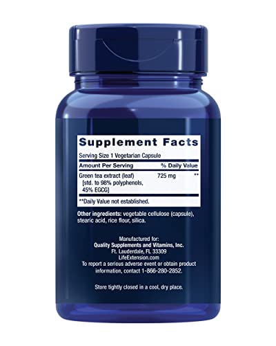 Life Extension Lightly Caffeinated Mega Green Tea Extract - 98% EGCG Polyphenols Supplement for Heart and Brain Health Support for Men and Women - Gluten Free, Non-GMO, Vegetarian - 100 Count