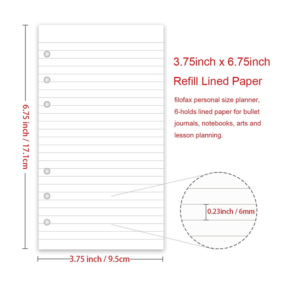(2 Pack) A6 Lined Refill Paper, 200 Sheets/400 Pages Loose Leaf Paper for Filofax Personal Binders, 6 Holes Punched, 100gsm Ruled White Pages, 3.75'' x 6.75''