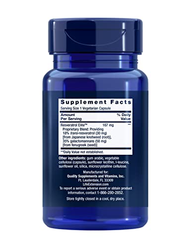 Life Extension Resveratrol Elite - Transresveratrol Supplements From Japanese knotweed Root and Grape Fruit For Heart & Brain Health Support β Gluten-Free, Non-GMO, Vegetarian β 30 Capsules