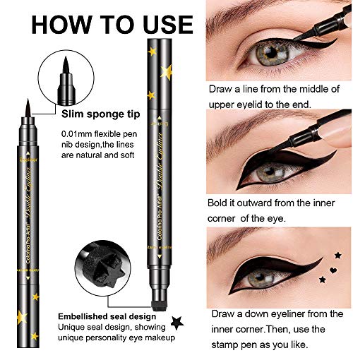 4 Styles/Set Pen Eyeliner Stamp Wing Liner, Waterproof, Double Sided & Long Lasting Eye Pencil , (Heart/Moon/Star /Flowers )Shape Stamp Pen, Super Slim Gel Felt Tip High Black Pigment (4PCS)