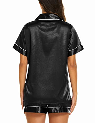 Ekouaer Women's Silk Satin Pajama Set Button Down Sleepwear with Shorts Set 2 Piece Lounge Set (Black,M)