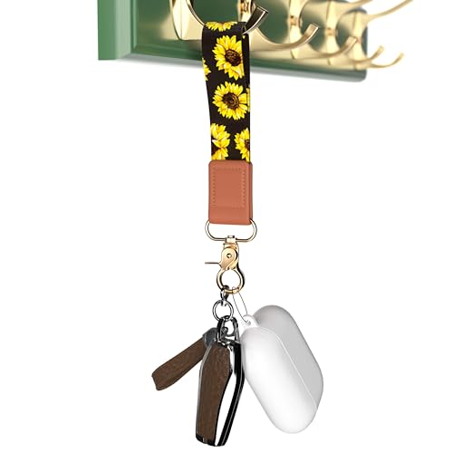 Handlein Key Ring Bracelet ,Mini Keychain Bracelet for Women,Key Rings for Keychains Holder Car ID Badges Card Wallet Phone Camera.(Sunflower)