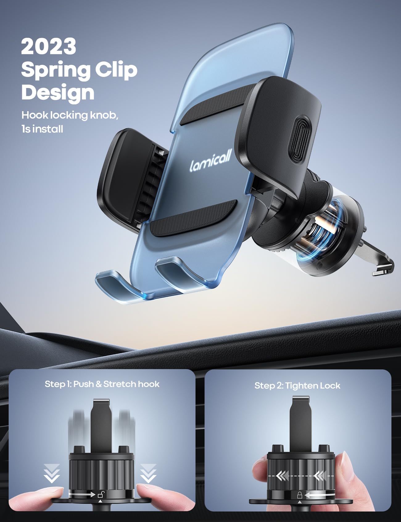 Lamicall Phone Holder Car Vent - Upgraded Spring Clip [Big Phone Friendly] Air Vent Cell Phone Mount for Car Hands Free Automobile Cradle Clip for iPhone, Android Smartphone, 4" to 7" Phone -Blue