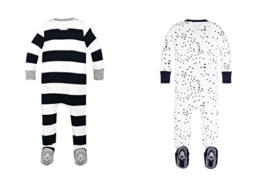 Burt's Bees Baby Baby Boys' 2 Pack Non-Slip Footed Sleeper Pajamas, Midnight Rugby Stripe/Midnight Twinkle Bee, 12 Months