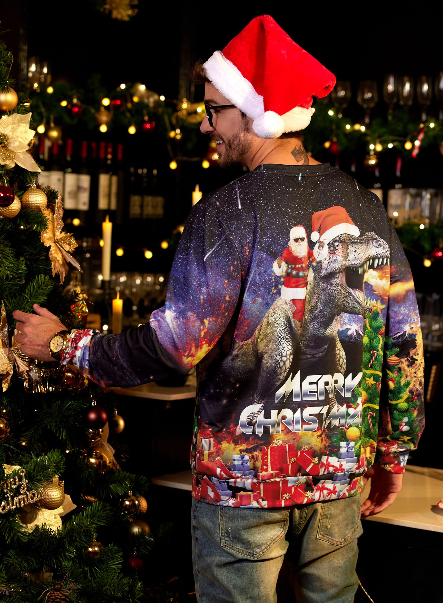 Arvilhill Christmas Mens Funny Holiday Xmas Santa Dinosaur Long Sleeve Sweater Ugly 3D Printed Party Sweatshirt M