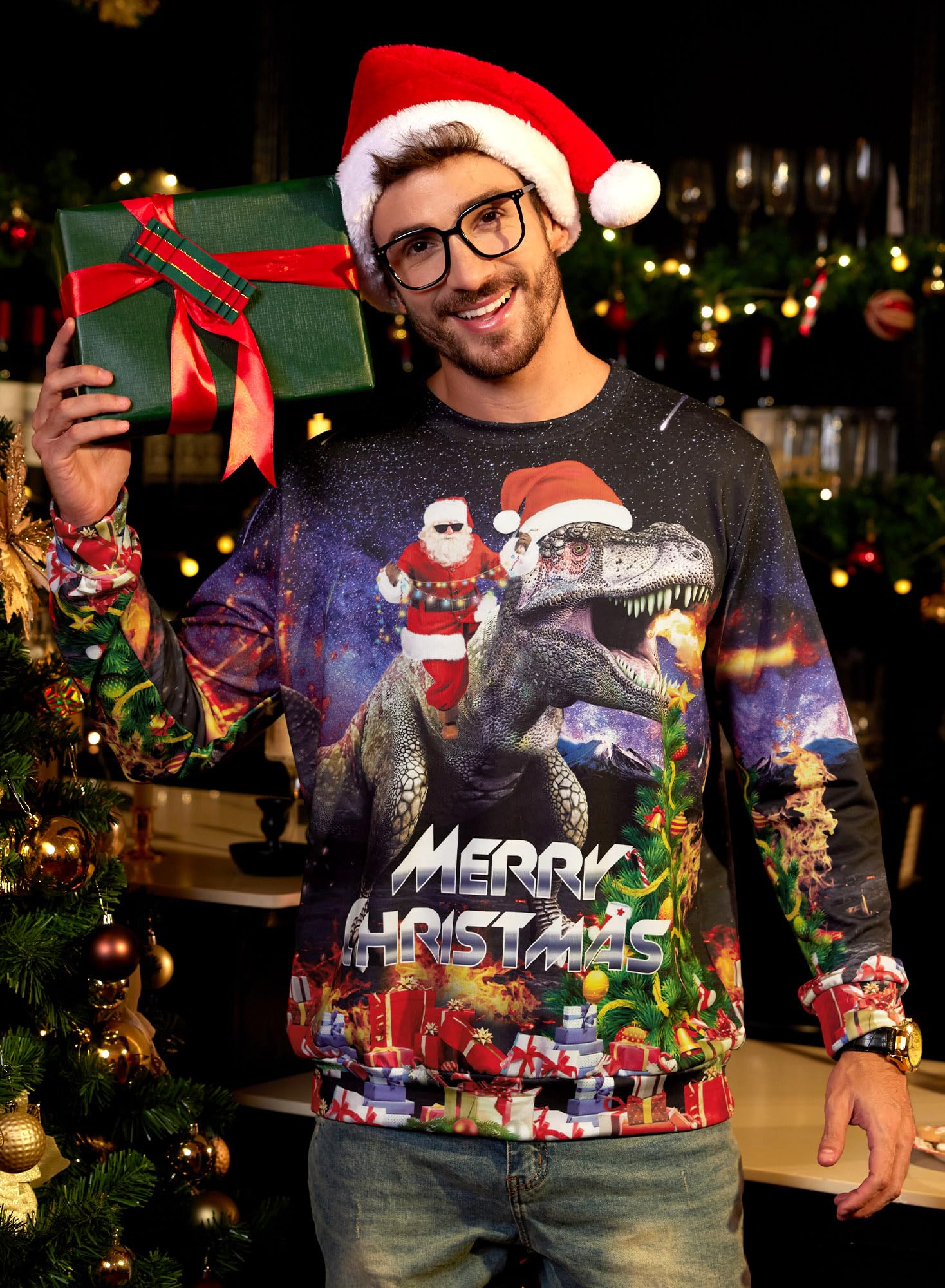Arvilhill Christmas Mens Funny Holiday Xmas Santa Dinosaur Long Sleeve Sweater Ugly 3D Printed Party Sweatshirt M