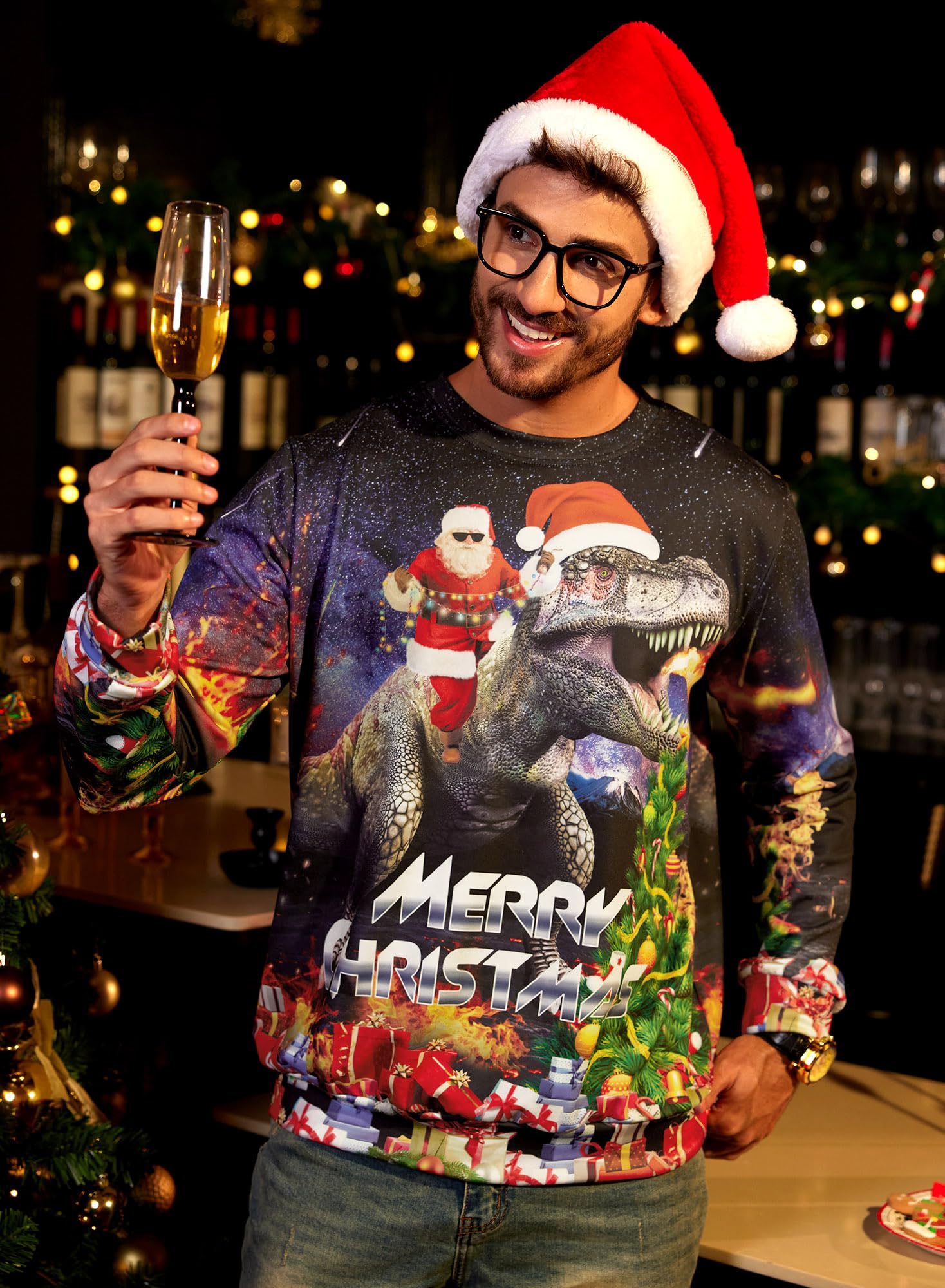 Arvilhill Christmas Mens Funny Holiday Xmas Santa Dinosaur Long Sleeve Sweater Ugly 3D Printed Party Sweatshirt M