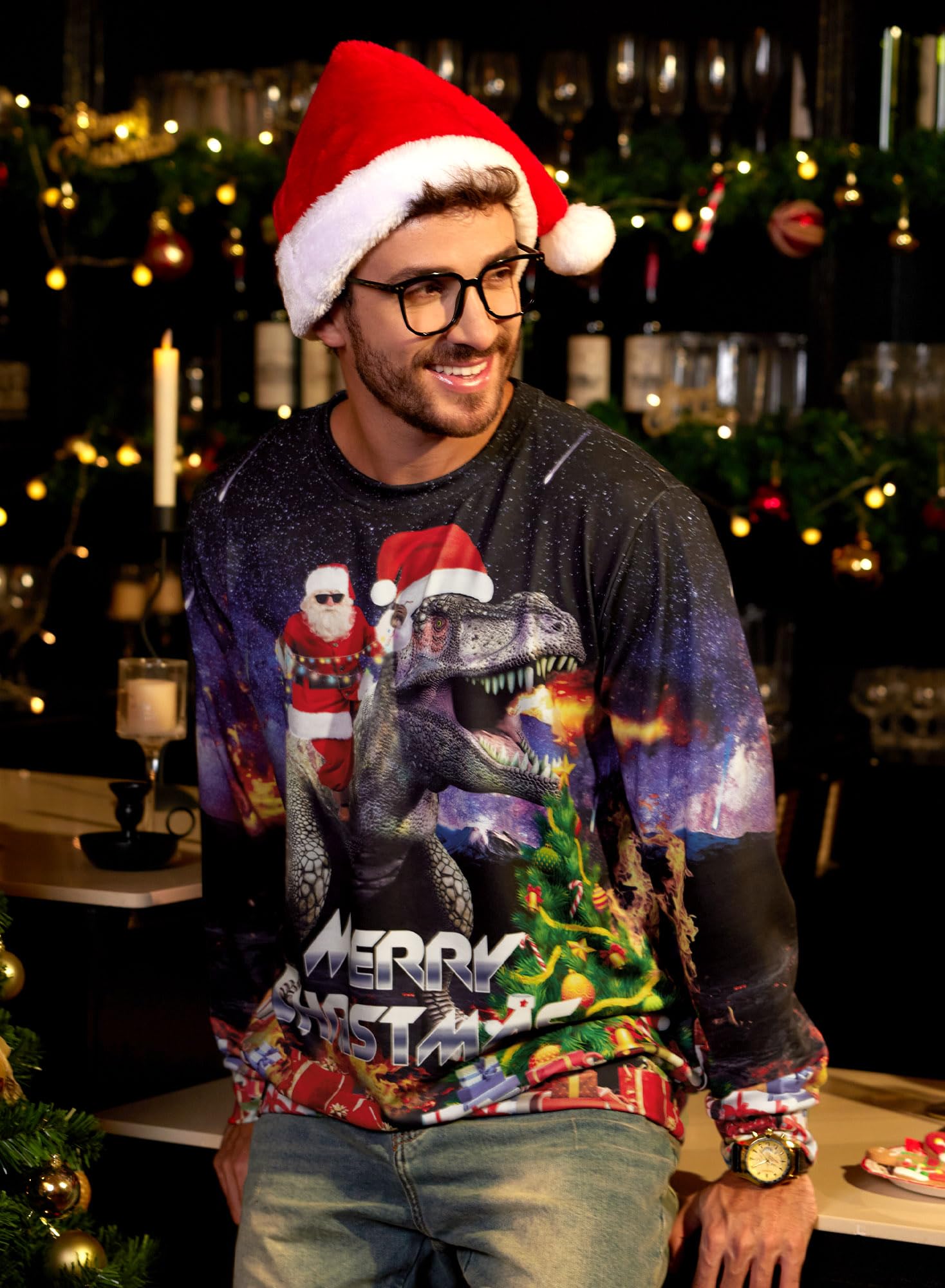 Arvilhill Christmas Mens Funny Holiday Xmas Santa Dinosaur Long Sleeve Sweater Ugly 3D Printed Party Sweatshirt M
