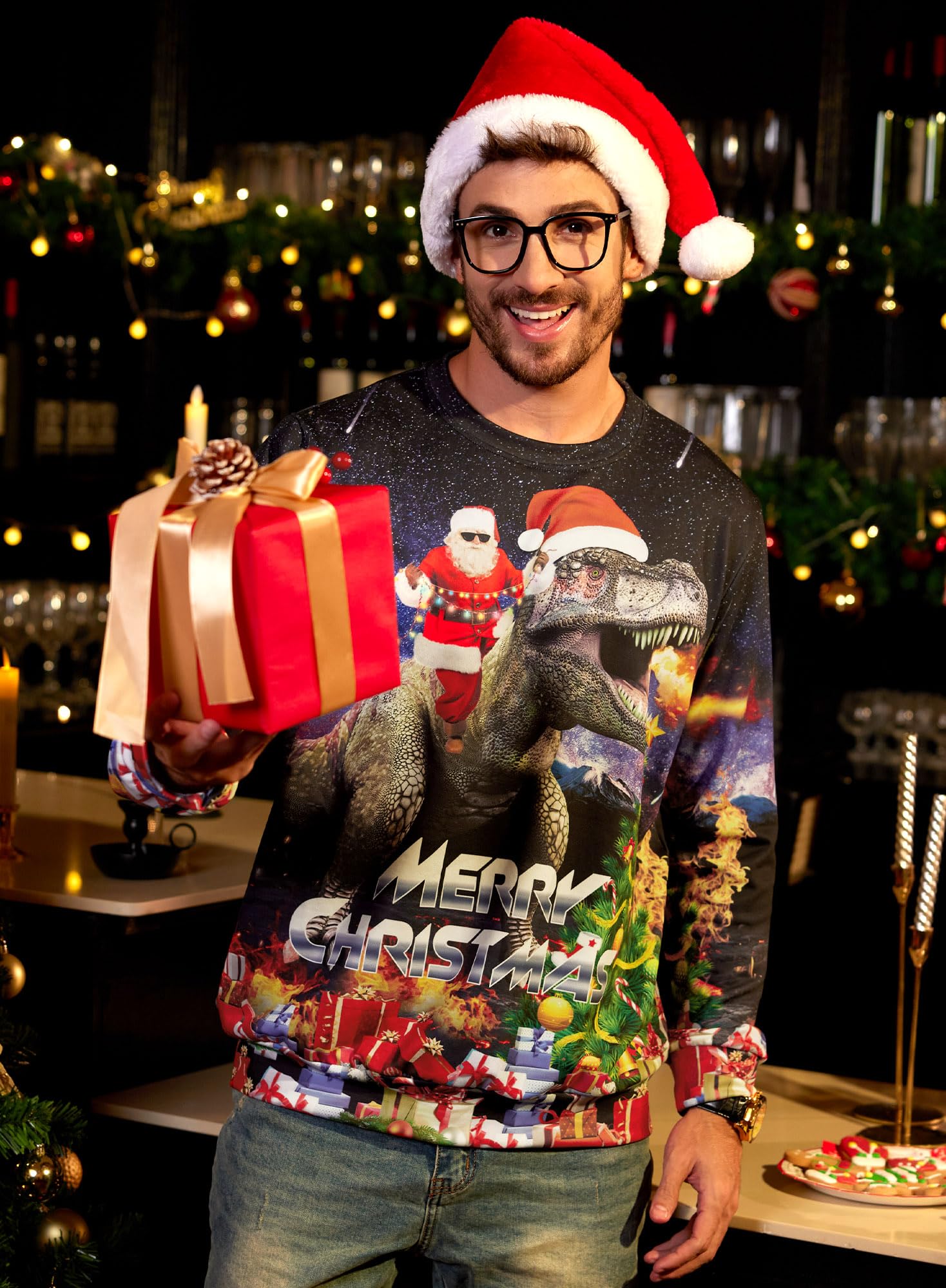 Arvilhill Christmas Mens Funny Holiday Xmas Santa Dinosaur Long Sleeve Sweater Ugly 3D Printed Party Sweatshirt M