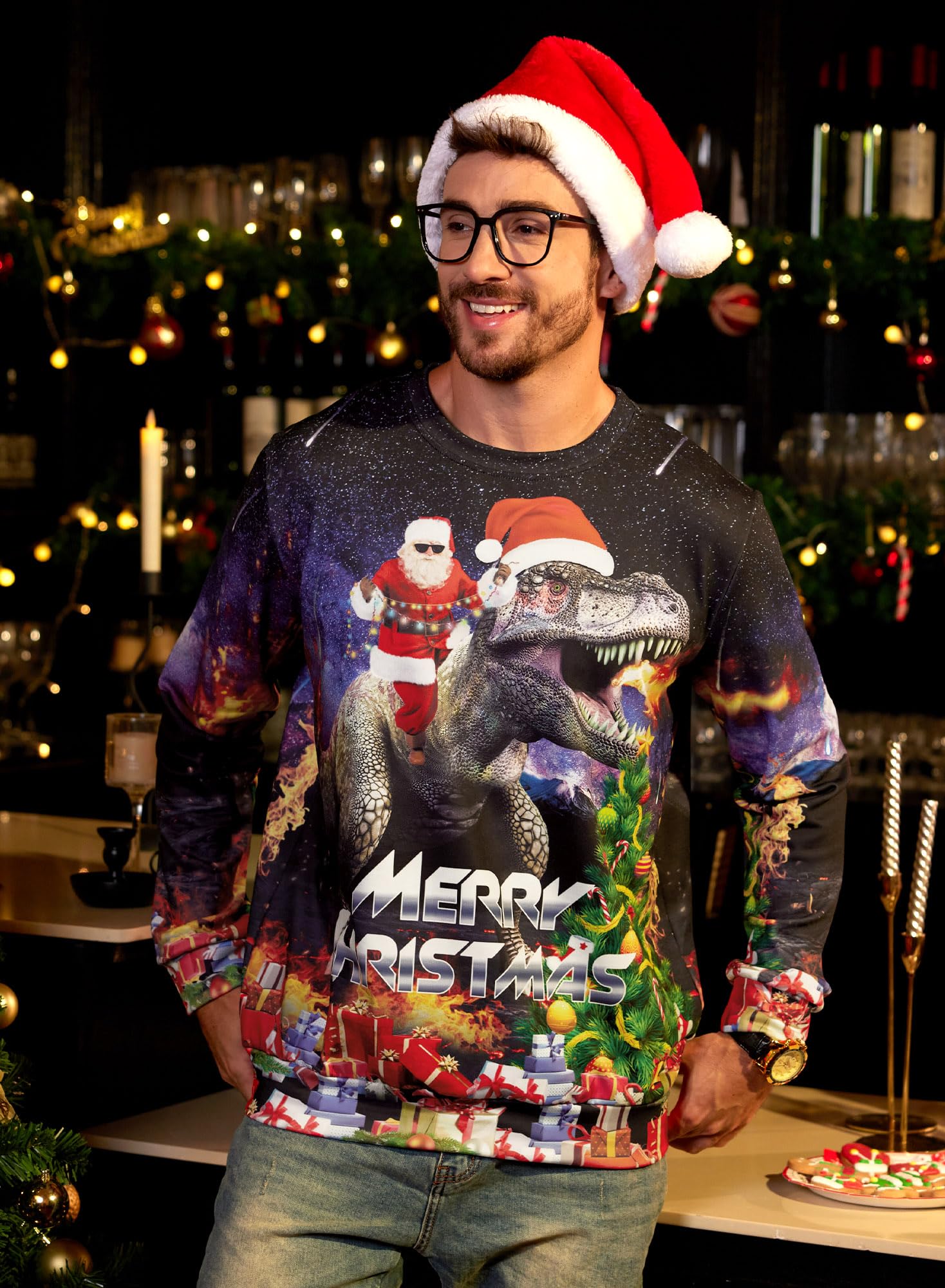 Arvilhill Christmas Mens Funny Holiday Xmas Santa Dinosaur Long Sleeve Sweater Ugly 3D Printed Party Sweatshirt M