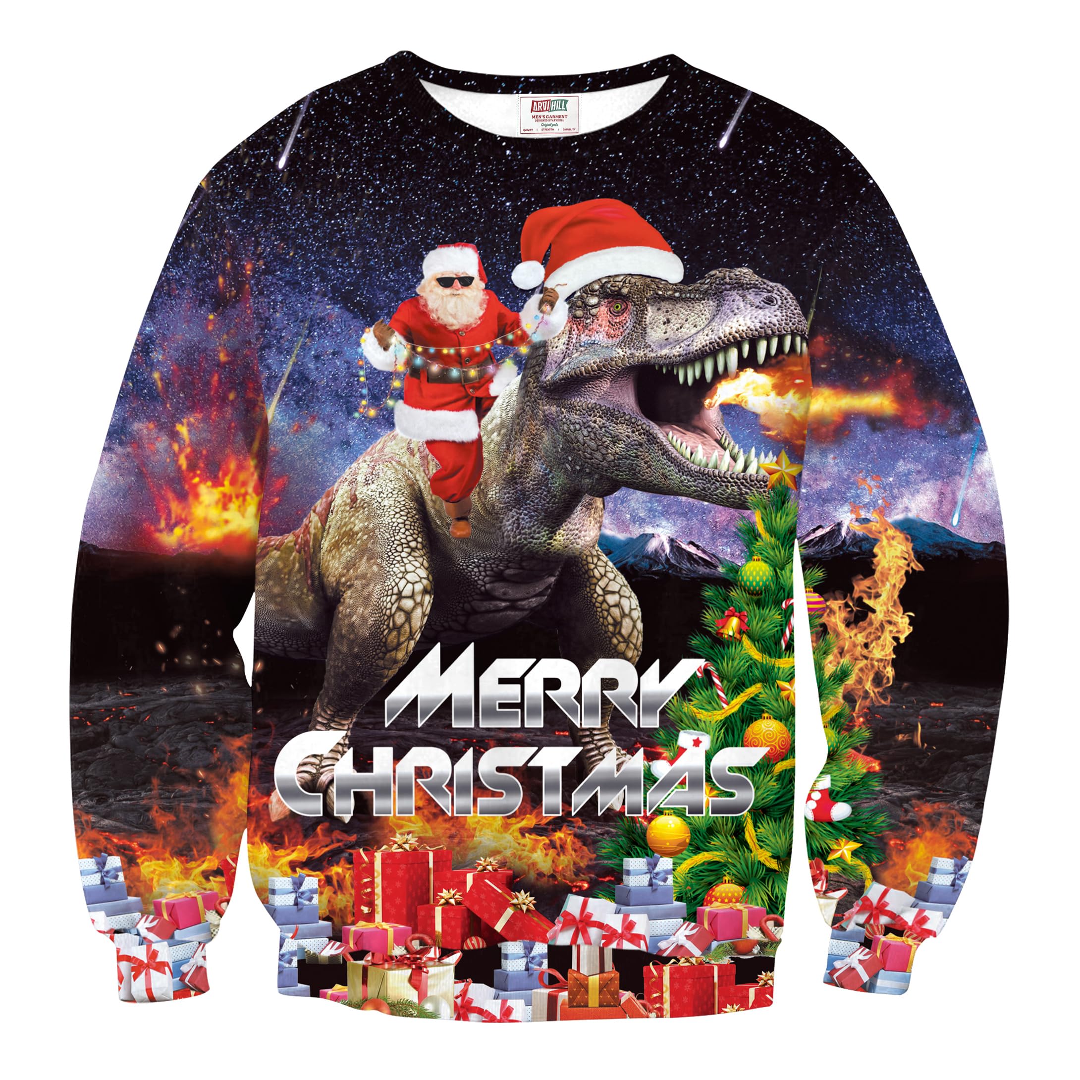 Arvilhill Christmas Mens Funny Holiday Xmas Santa Dinosaur Long Sleeve Sweater Ugly 3D Printed Party Sweatshirt M