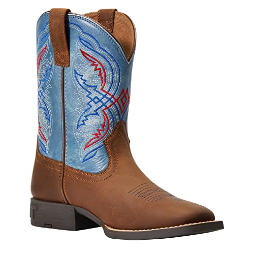 ARIAT Unisex-Child Double Kicker Western Boot Distressed Brown/Stone Blue 3