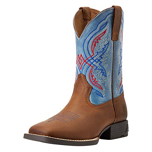 ARIAT Unisex-Child Double Kicker Western Boot Distressed Brown/Stone Blue 3