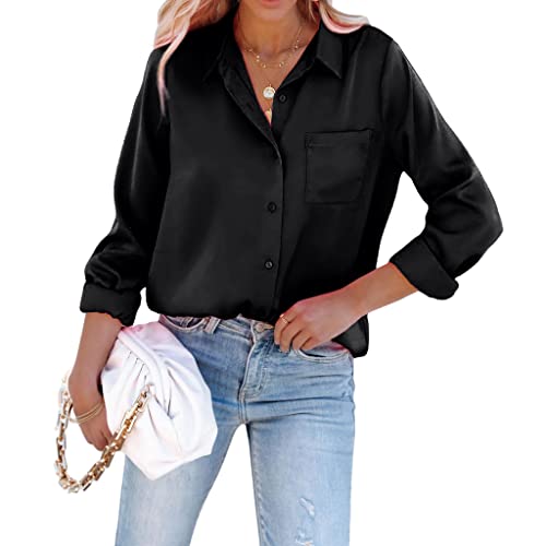 Pausus Women's Silk Button Down Shirts for Women Long Sleeve Business Office Black Satin Blouses Tops with Pocket(Black,S)