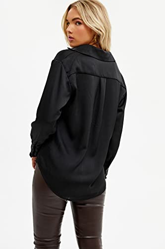 Pausus Women's Silk Button Down Shirts for Women Long Sleeve Business Office Black Satin Blouses Tops with Pocket(Black,S)