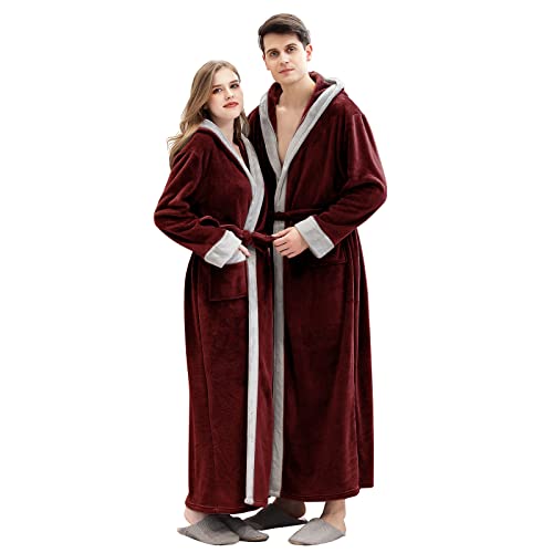 Hellomamma Mens Long Robes with Hood Full Length Hooded Bathrobe Fleece Plush Fluffy Housecoat Nightgown Wine Red