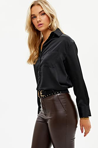 Pausus Women's Silk Button Down Shirts for Women Long Sleeve Business Office Black Satin Blouses Tops with Pocket(Black,S)