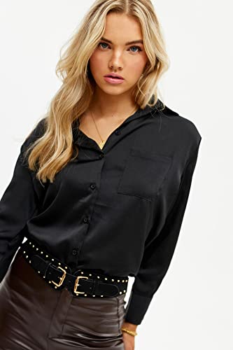 Pausus Women's Silk Button Down Shirts for Women Long Sleeve Business Office Black Satin Blouses Tops with Pocket(Black,S)