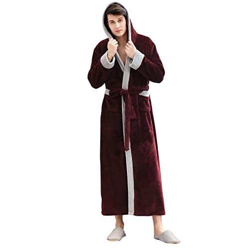 Hellomamma Mens Long Robes with Hood Full Length Hooded Bathrobe Fleece Plush Fluffy Housecoat Nightgown Wine Red
