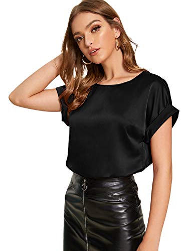 Floerns Women's Elegant Round Neck Rolled Short Sleeve Satin Silk Blouse Tops A Black S