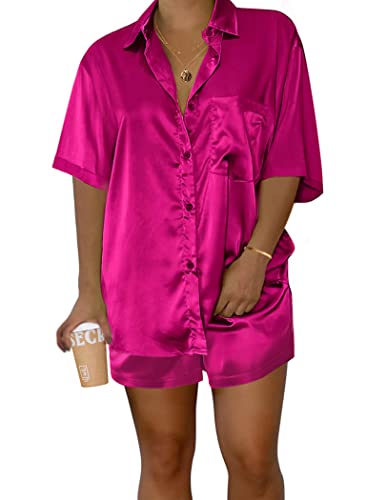 Ekouaer Short Pajama Set Womens Slipping Lounge Set Silk Nightwear Pjs Satin Short Sleeve Shirts & Shorts (Rose,L)