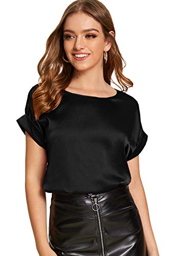 Floerns Women's Elegant Round Neck Rolled Short Sleeve Satin Silk Blouse Tops A Black S