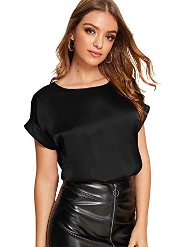 Floerns Women's Elegant Round Neck Rolled Short Sleeve Satin Silk Blouse Tops A Black S