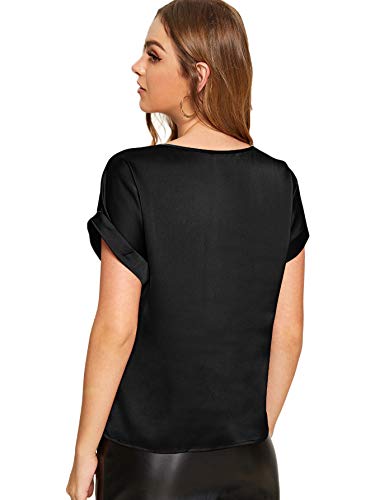 Floerns Women's Elegant Round Neck Rolled Short Sleeve Satin Silk Blouse Tops A Black S