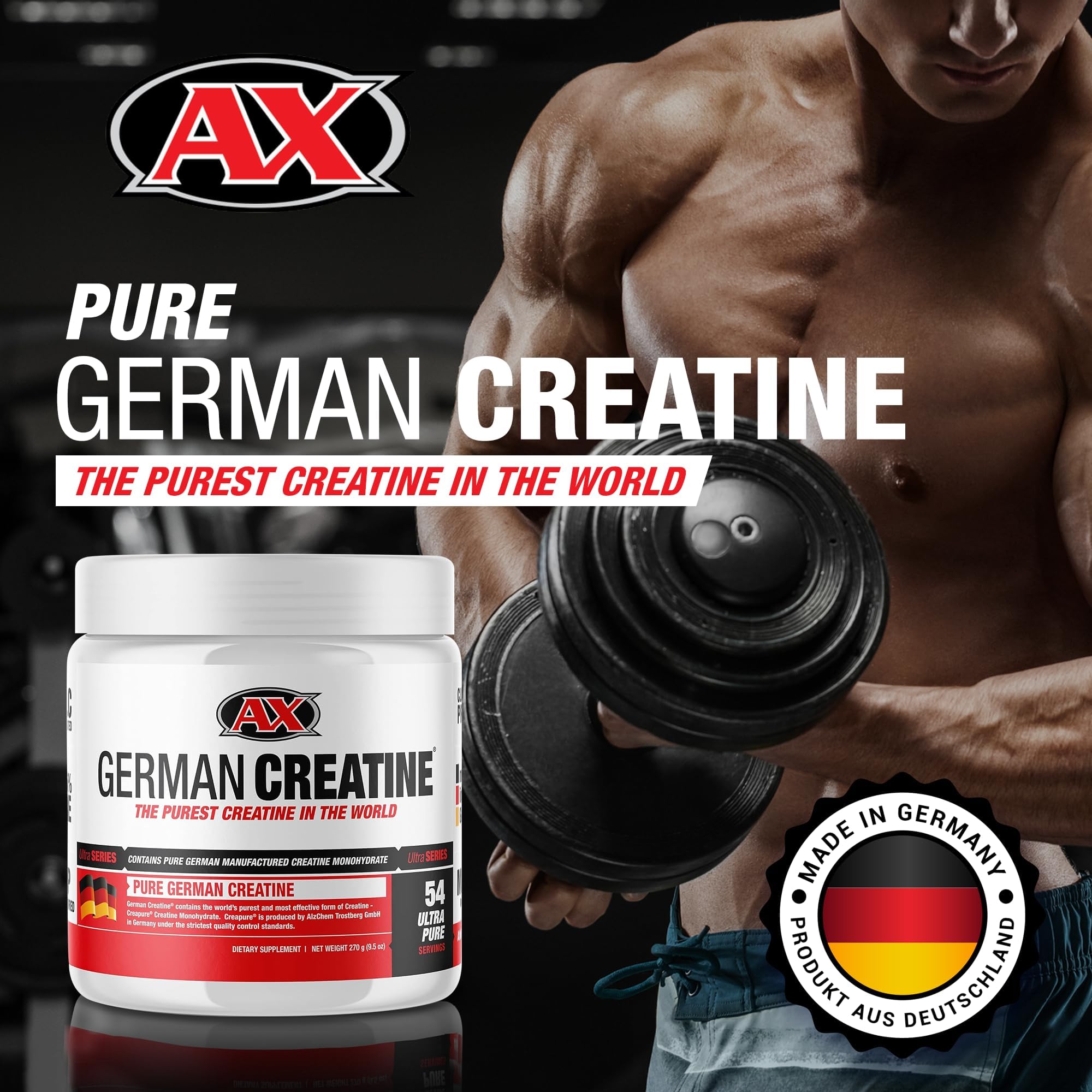 German Creatine - Pure Creapure Micronized Creatine Monohydrate Powder, Promotes Muscle Growth, Increase Muscle Mass, Enhance Strength, 99.99% Purity, 3rd Party Tested, 270g (54 Servings)