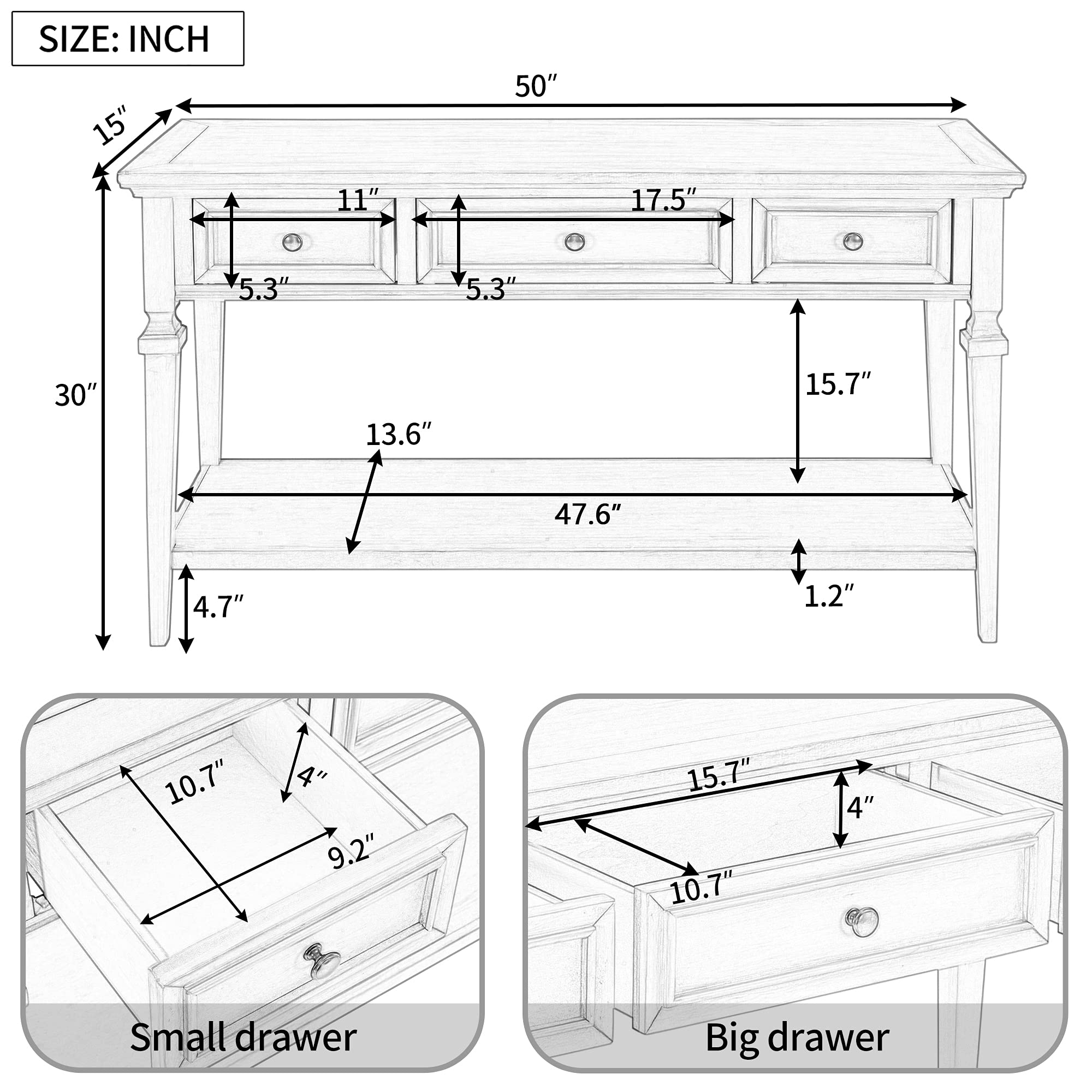 50" Classic Retro Console Table, Solid Wood Sofa Side Table with 3 Top Storage Drawers and Open Style Bottom Shelf for Living Room, Entryway, Hallway and Bedroom, Easy Assembly (Antique White-02)