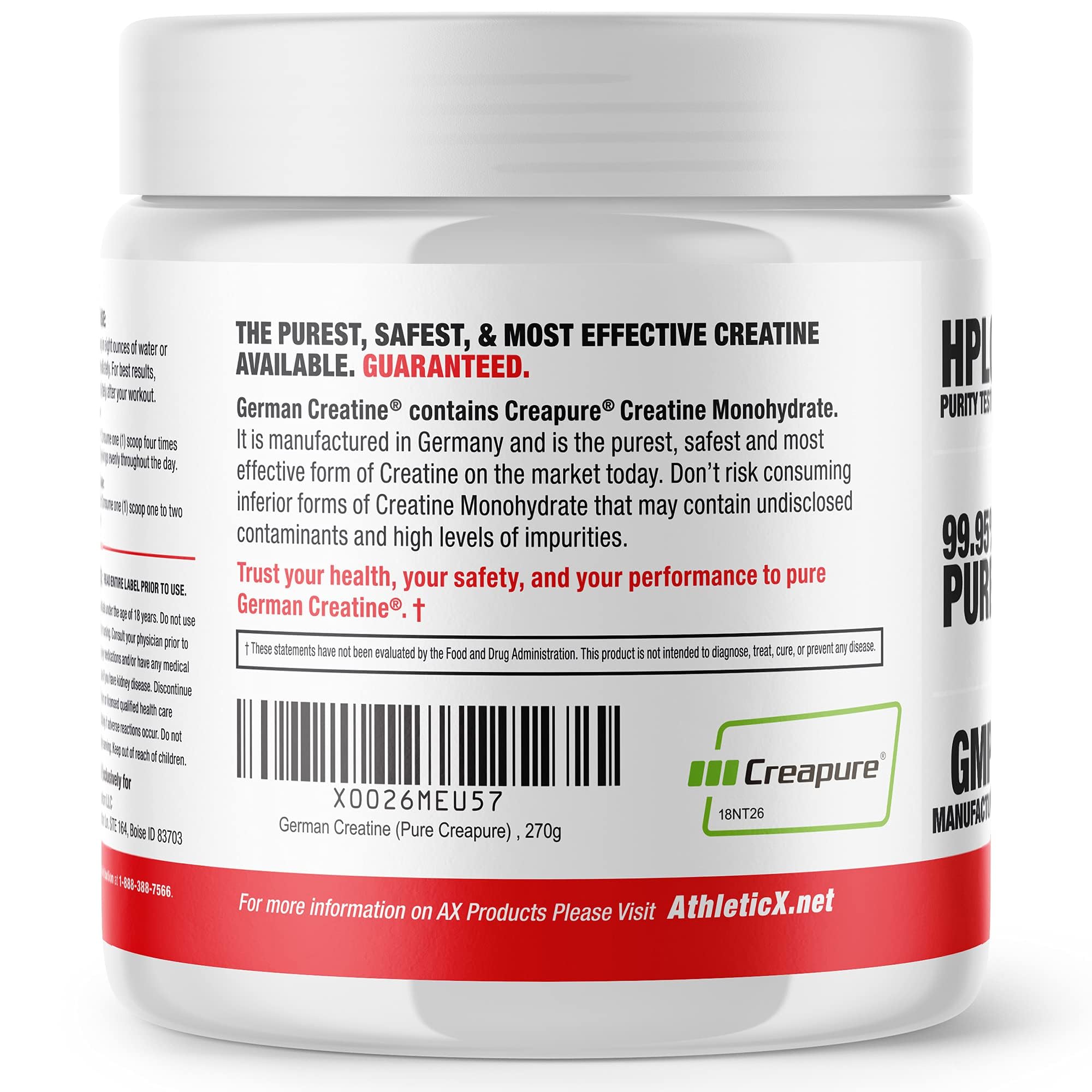 German Creatine - Pure Creapure Micronized Creatine Monohydrate Powder, Promotes Muscle Growth, Increase Muscle Mass, Enhance Strength, 99.99% Purity, 3rd Party Tested, 270g (54 Servings)