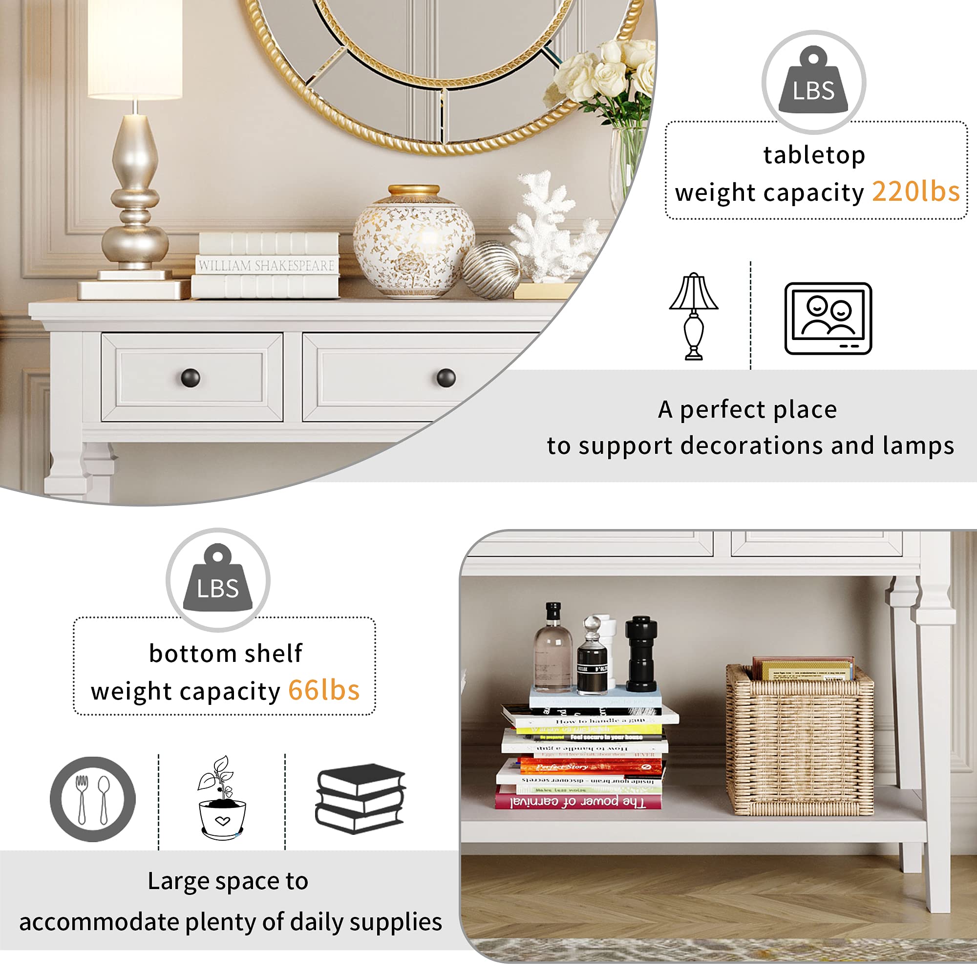50" Classic Retro Console Table, Solid Wood Sofa Side Table with 3 Top Storage Drawers and Open Style Bottom Shelf for Living Room, Entryway, Hallway and Bedroom, Easy Assembly (Antique White-02)