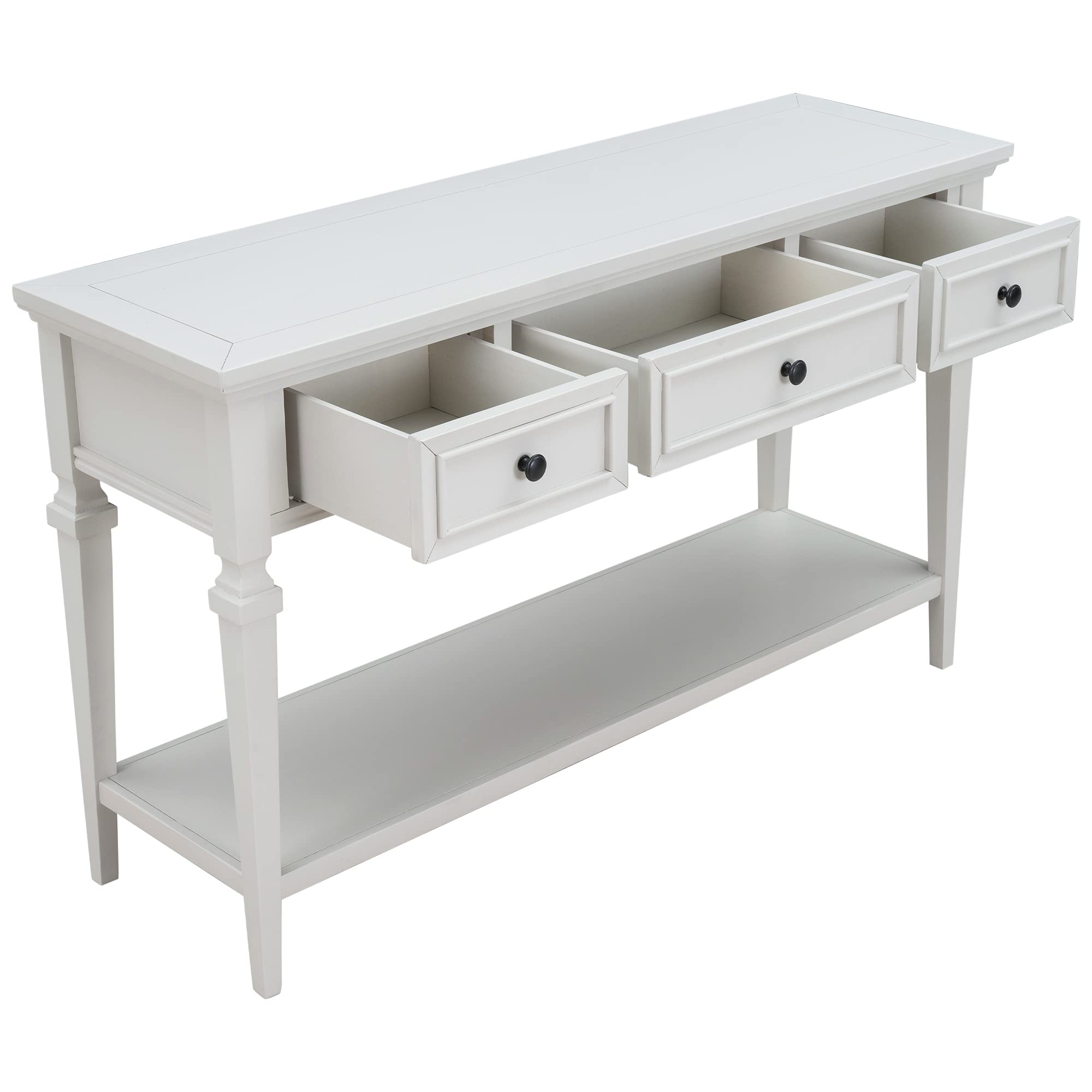 50" Classic Retro Console Table, Solid Wood Sofa Side Table with 3 Top Storage Drawers and Open Style Bottom Shelf for Living Room, Entryway, Hallway and Bedroom, Easy Assembly (Antique White-02)