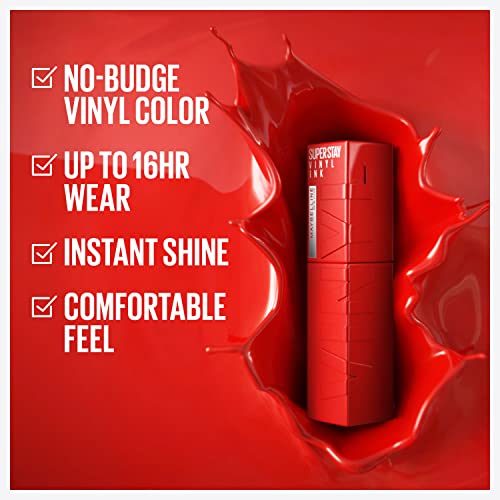 Maybelline Super Stay Vinyl Ink Longwear No-Budge Liquid Lipcolor, Highly Pigmented Color and Instant Shine, Wicked, Cool Red Lipstick, 0.14 fl oz, 1 Count