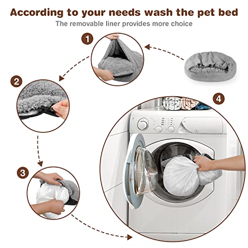Lasaas Small Dog Bed with Blanket Attached Round Donut Cozy Cuddler Calming Dog Bed with Removable Liner Soft Warmth Plush Puppy Pet Bed for Small Cats or Dogs Light Grey M