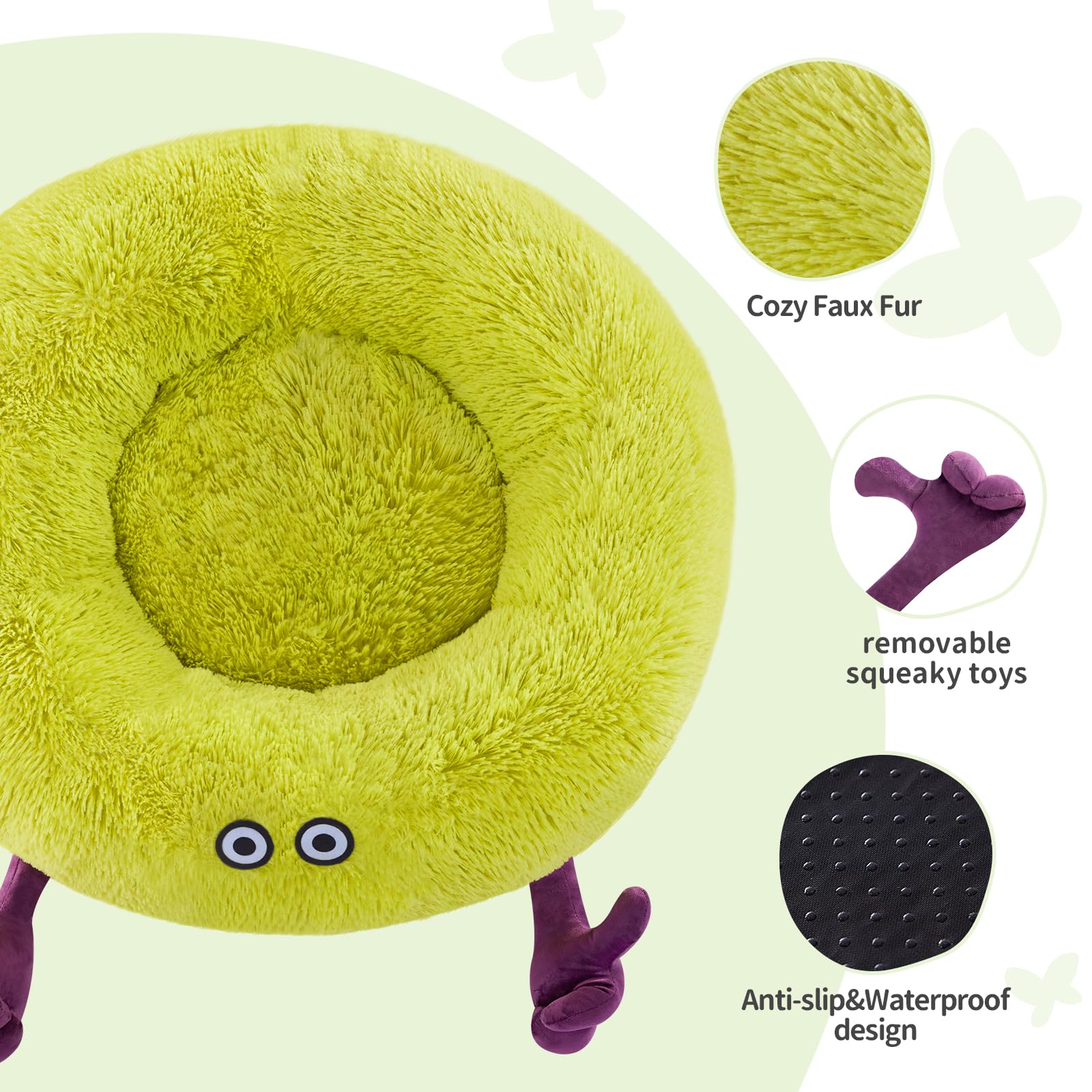 Mooncube Calming Dog Bed for Medium Dogs, 24-Inch Donut Orthopedic Round Pet Bed with Removable Squeaky Toys, Fits up to 25 lbs, Green