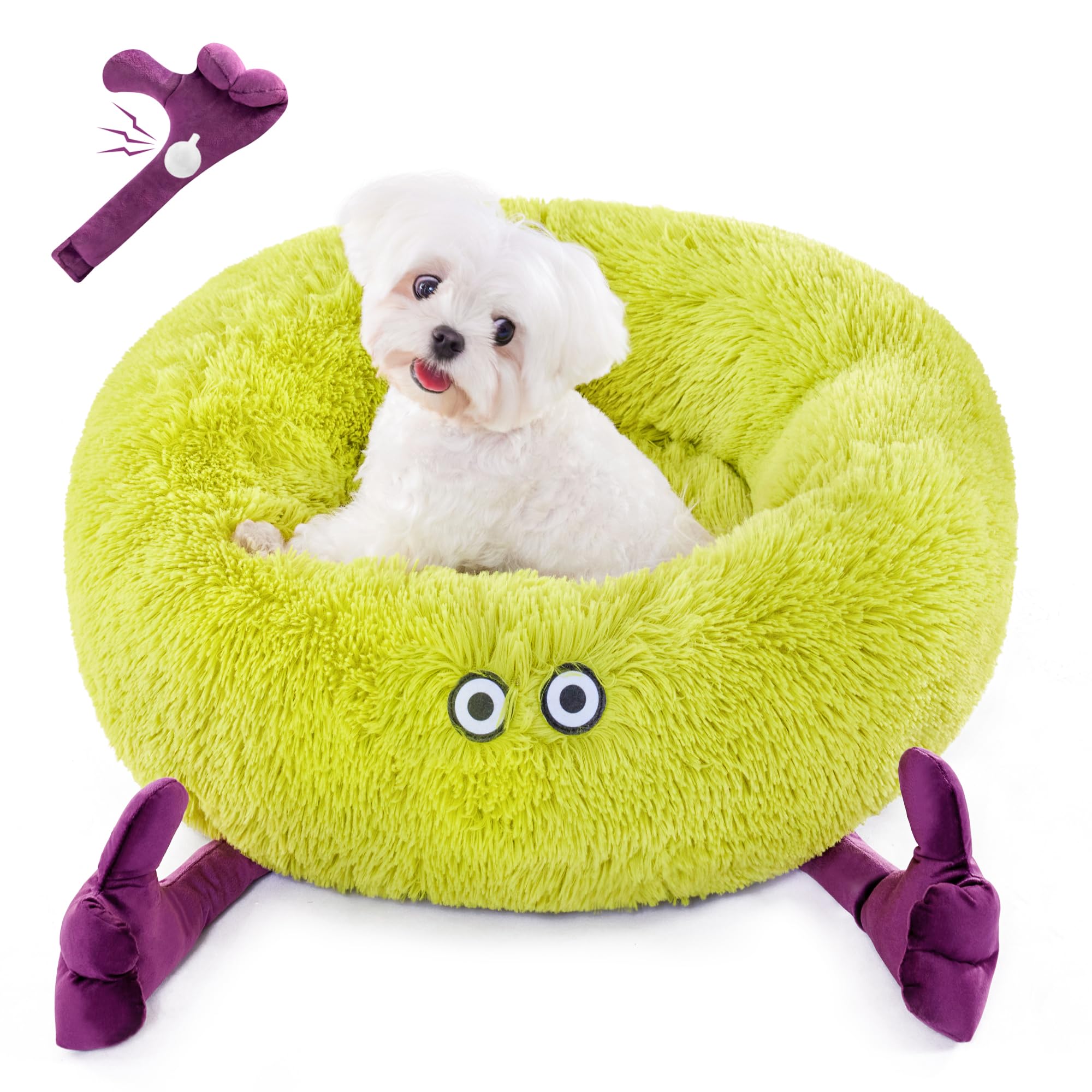 Mooncube Calming Dog Bed for Medium Dogs, 24-Inch Donut Orthopedic Round Pet Bed with Removable Squeaky Toys, Fits up to 25 lbs, Green