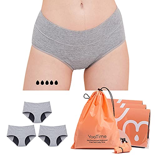 YooTime Sport Period Panties, Cotton Period Underwear for Women Teen Girls Heavy Flow, Nightwear Hipster Panties with Storage Bag Grey/3Pack/M