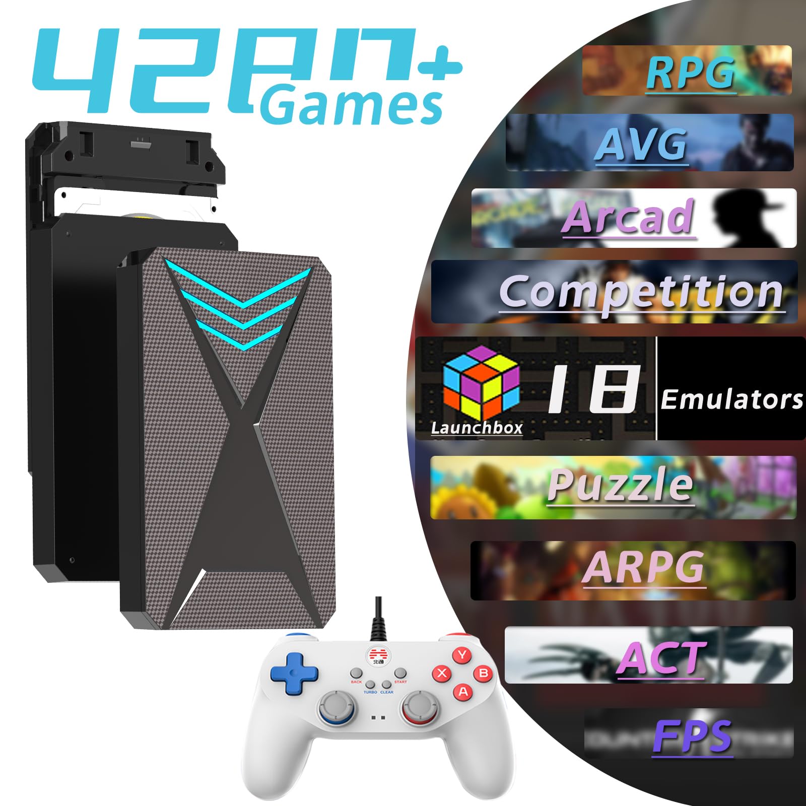 Retro Game Console HDD, 2TB Hyper Base Lbox Built-in 4280 Top Retro Video Games, 18 Emulator Console Plug and Play, Portable Game Hard Drive for Win 8.1/10/11, Game HDD + 1 WHT Vibrating Controller