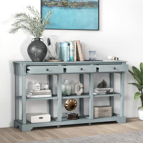 CLEEMAN Console Table with Storage, Retro Sofa Table with 3 Drawers, 2-Tier Open Shelf & Solid Wood Legs, Hallway Table, Entryway Table for Foyer, Living Room, Entrance