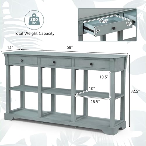 CLEEMAN Console Table with Storage, Retro Sofa Table with 3 Drawers, 2-Tier Open Shelf & Solid Wood Legs, Hallway Table, Entryway Table for Foyer, Living Room, Entrance