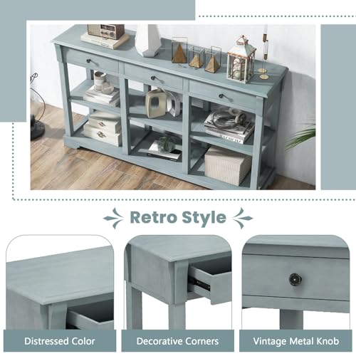 CLEEMAN Console Table with Storage, Retro Sofa Table with 3 Drawers, 2-Tier Open Shelf & Solid Wood Legs, Hallway Table, Entryway Table for Foyer, Living Room, Entrance