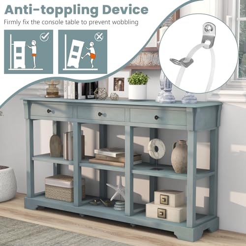 CLEEMAN Console Table with Storage, Retro Sofa Table with 3 Drawers, 2-Tier Open Shelf & Solid Wood Legs, Hallway Table, Entryway Table for Foyer, Living Room, Entrance