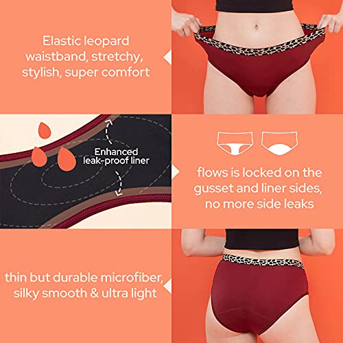 YooTime Period Underwear for Women, Leopard Hipster Stretchy Microfiber Period Panties Heavy Flow with Storage Bag Red 3Pack/M
