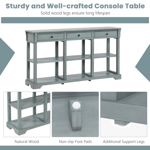 CLEEMAN Console Table with Storage, Retro Sofa Table with 3 Drawers, 2-Tier Open Shelf & Solid Wood Legs, Hallway Table, Entryway Table for Foyer, Living Room, Entrance